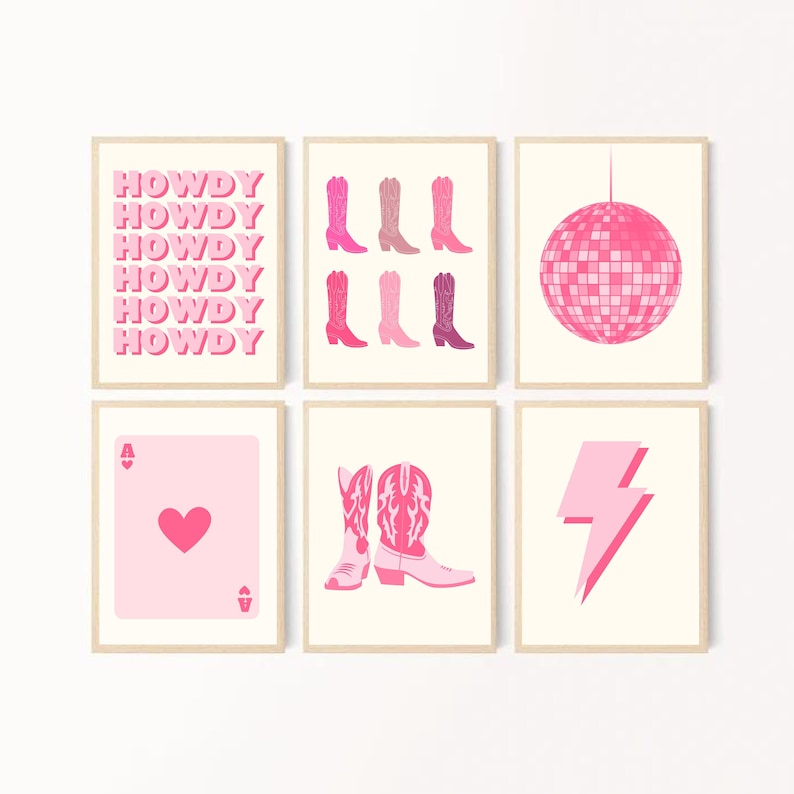 Pink Cowgirl Poster, Howdy Cowgirl Print, Pink Preppy Wall Art Set ...