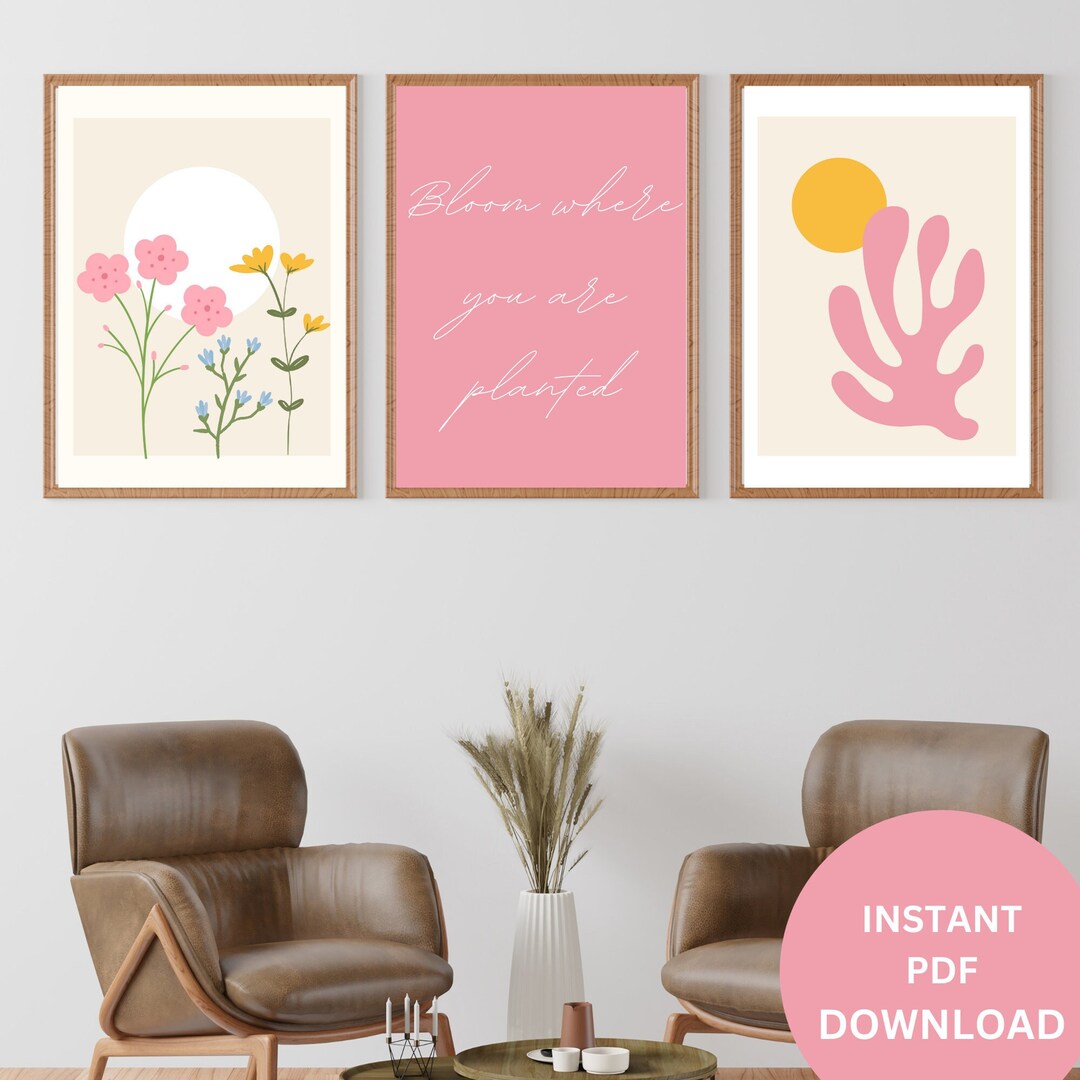 Pink Gallery Wall Set of 3, Printable Wall Art Boho Print Light Pink ...