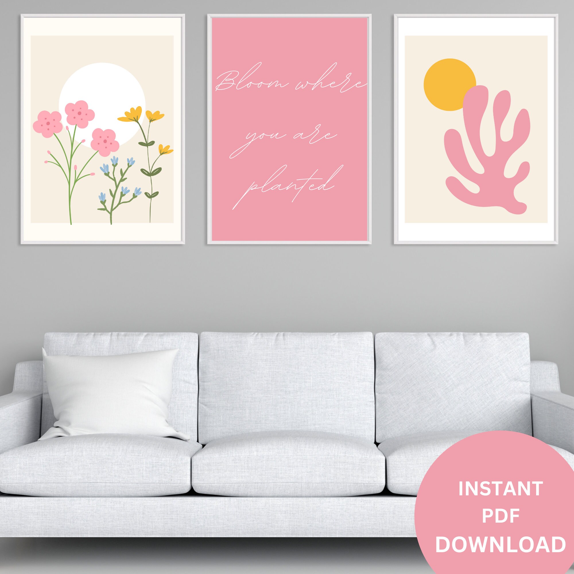 Pink Gallery Wall Set of 3, Printable Wall Art Boho Print Light Pink ...