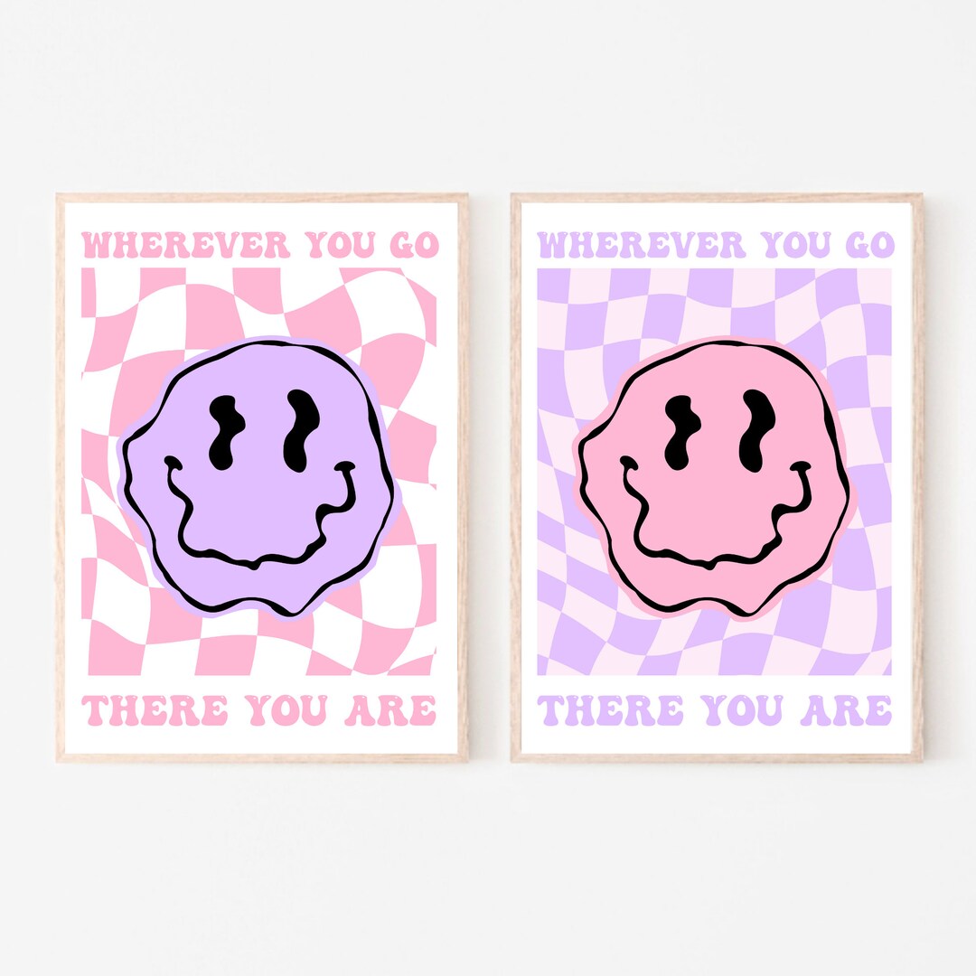 Smiley Face Poster, Groovy Poster, Pink Preppy Wall Art, Y2k Wall Decor ...