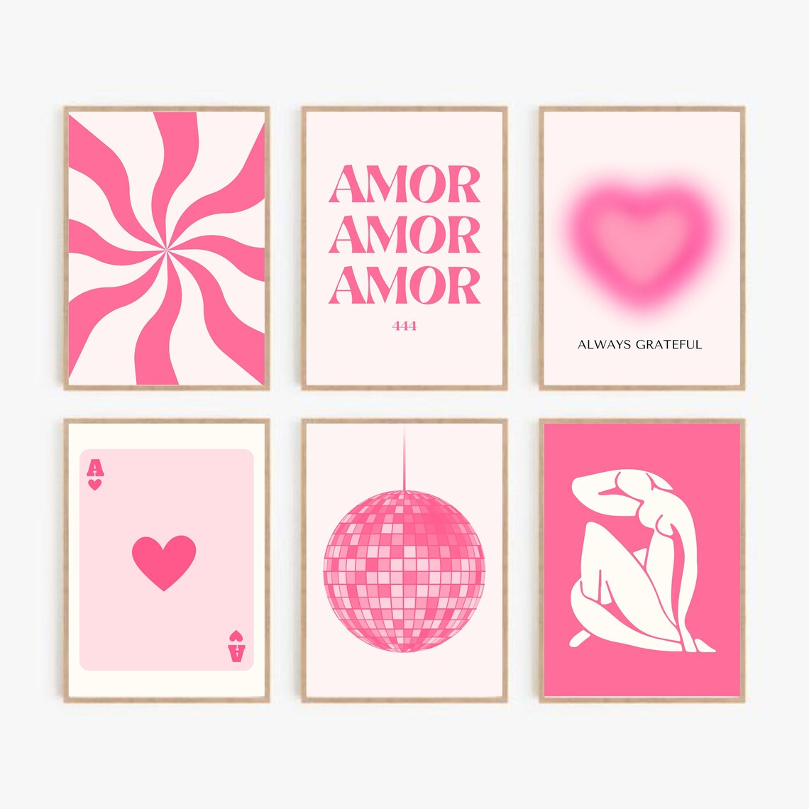 Pink Preppy Wall Art Set, Retro Wall Art Set of 6, Set of 6 Pink ...