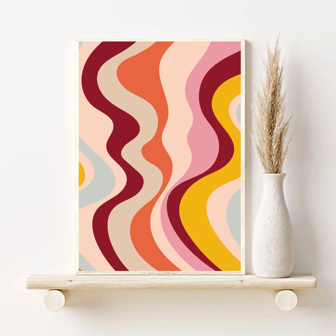 Retro Wavy Abstract Print, Colourful 70s Wall Art, Danish Pastel ...