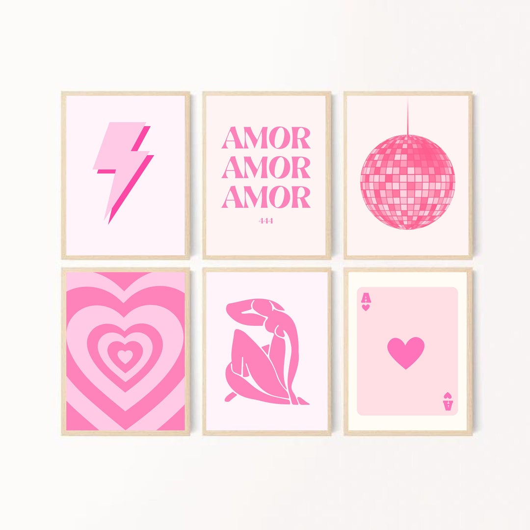 Pink Preppy Wall Art Set, Retro Wall Art Set of 6, Set of 6 Pink ...
