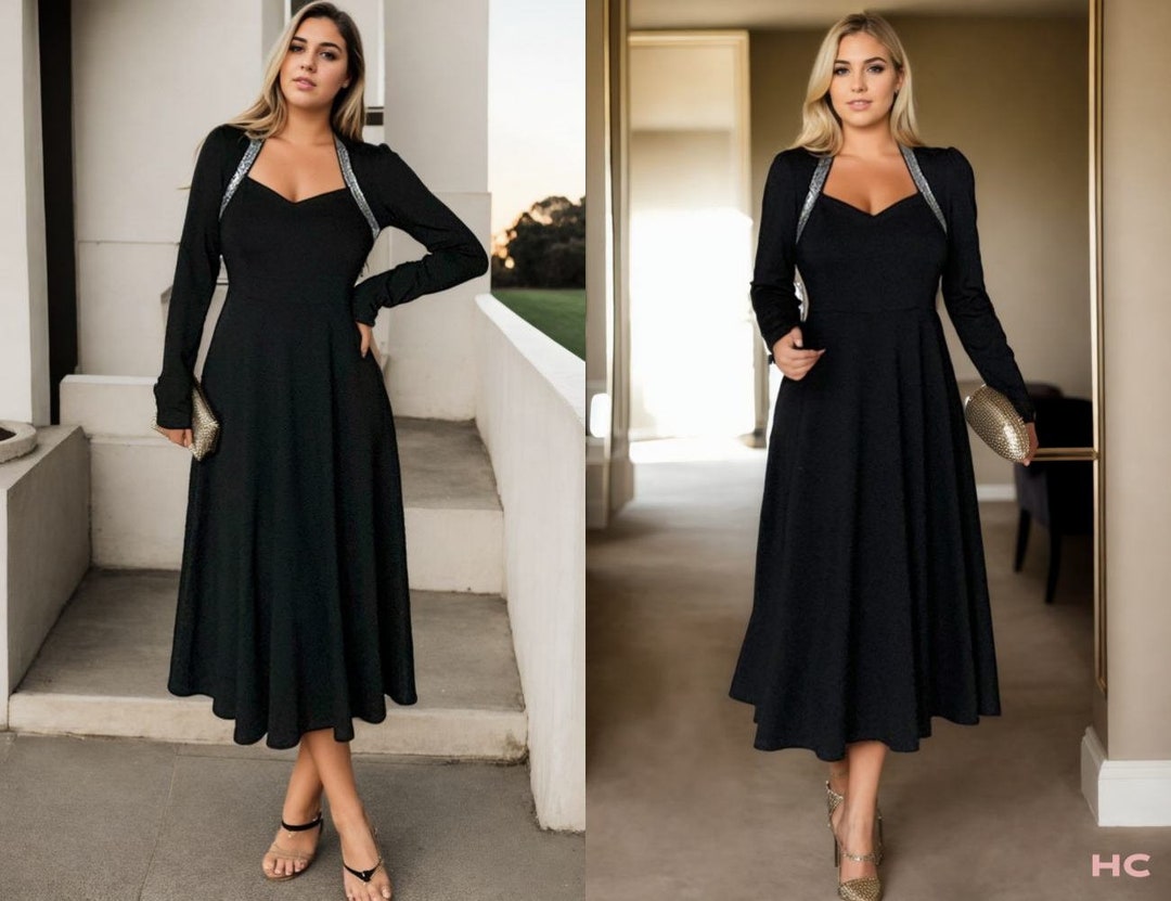 Plus Size Black Midi Dress: Sweetheart Neckline, Long Sleeve A-line ...