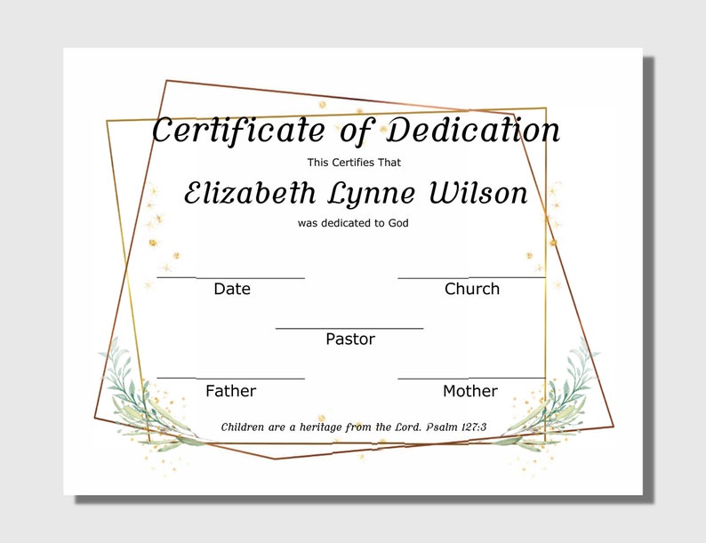 Dedication Certificate Template for Baby's Dedication to God, Download ...