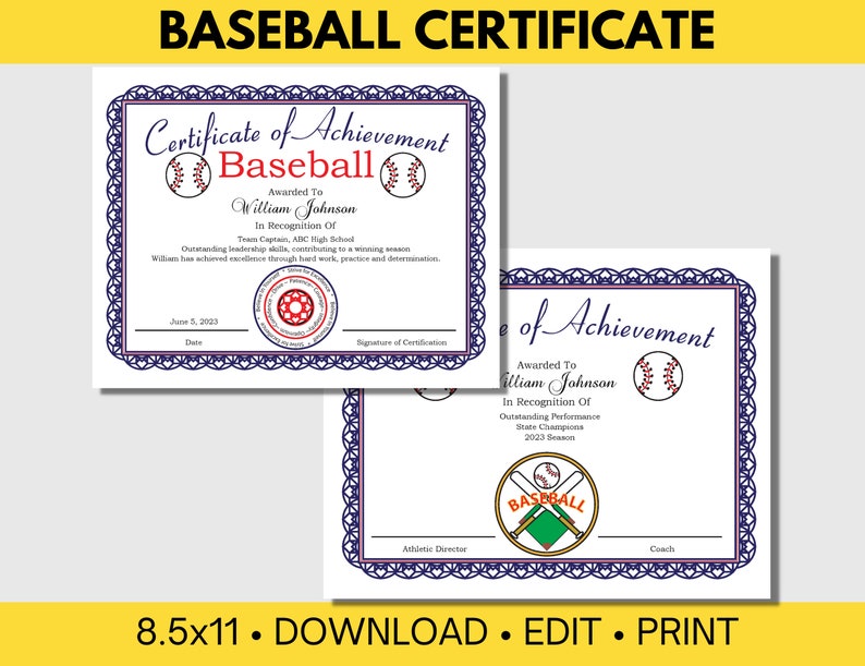Baseball Certificate Template for Baseball Awards, Editable Baseball ...