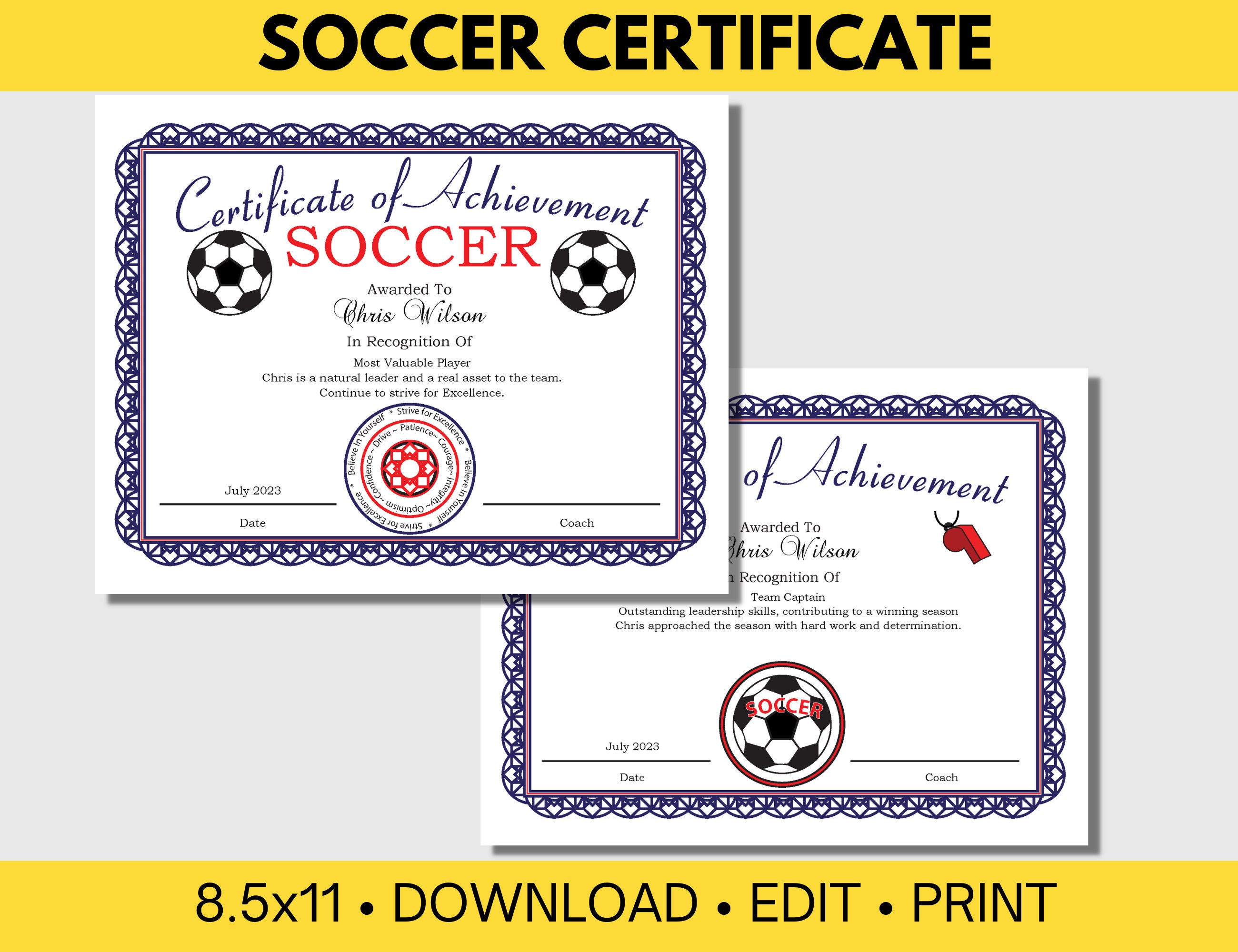 Soccer Certificate Template for Soccer Awards, Editable Soccer Template ...