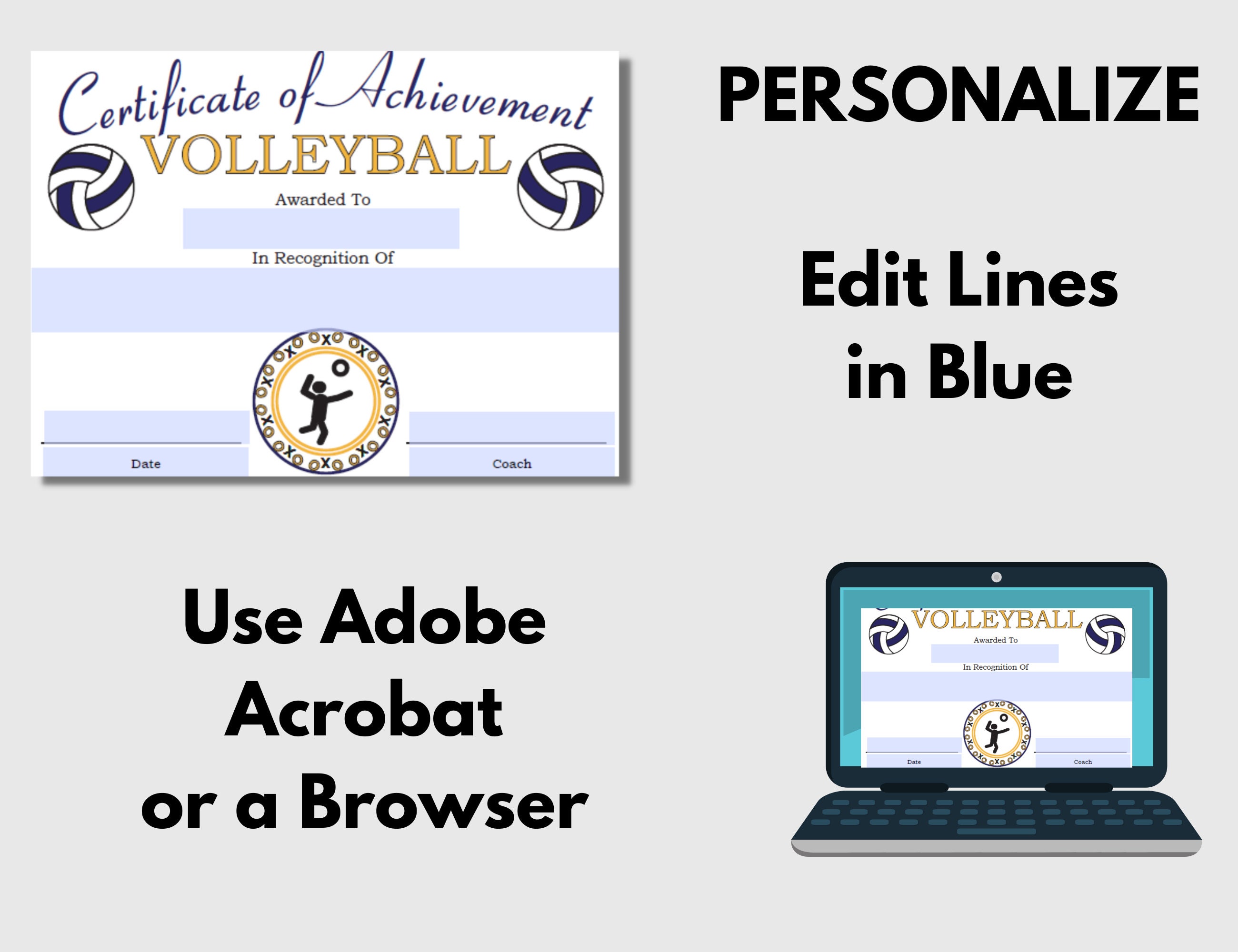 Volleyball Certificate Template for Volleyball Awards, Editable ...