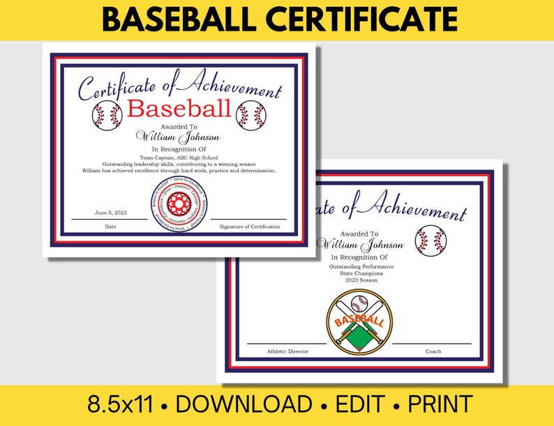 Baseball Certificate Template for Awards, Support Great Athletes With ...
