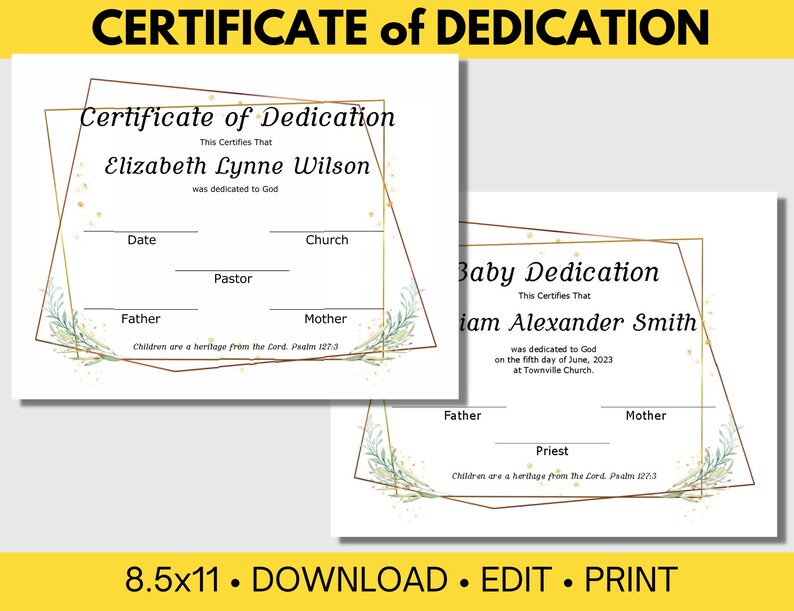 Dedication Certificate Template for Baby's Dedication to God, Download ...