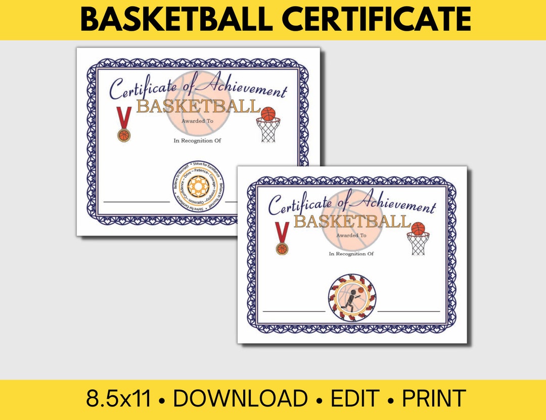 Basketball Certificate Template for Basketball Awards, Editable ...