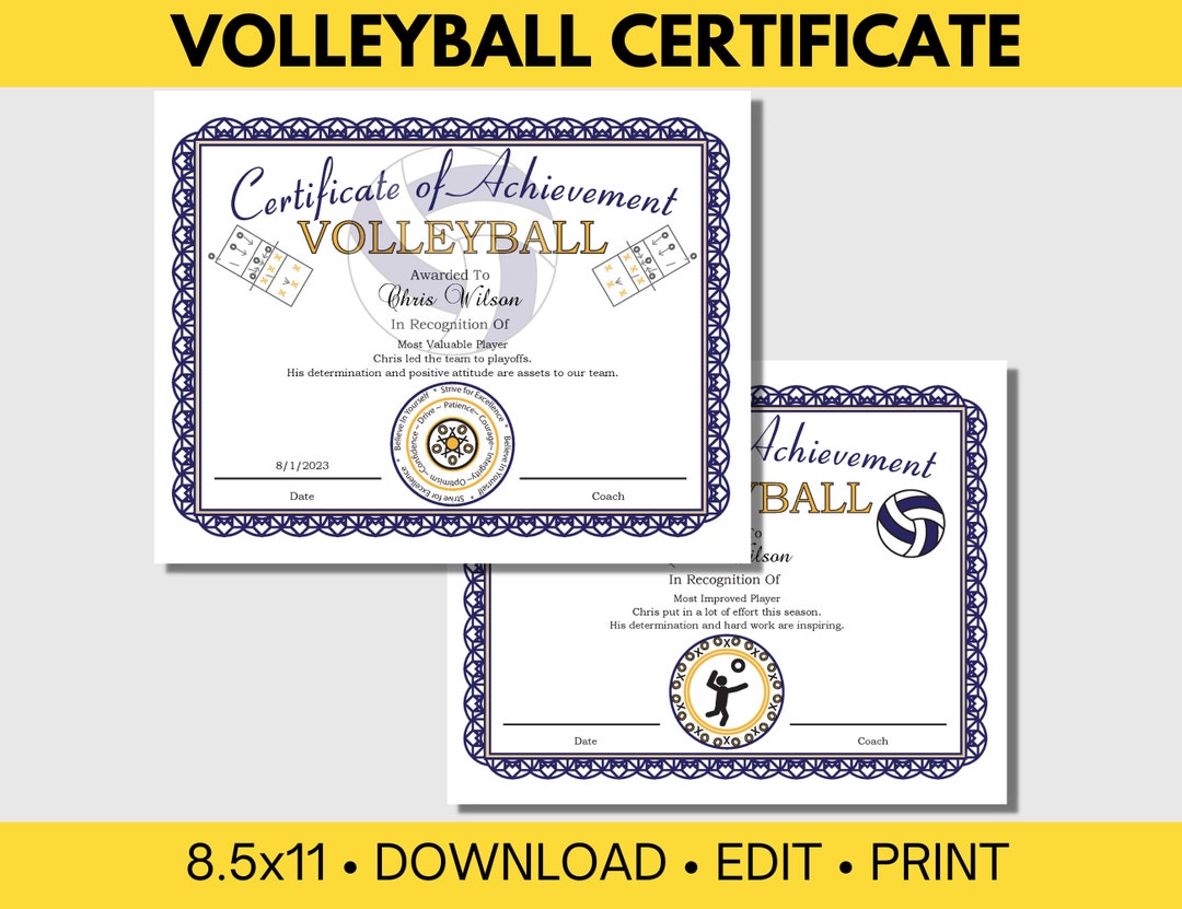 Volleyball Certificate Template for Volleyball Awards, Editable ...