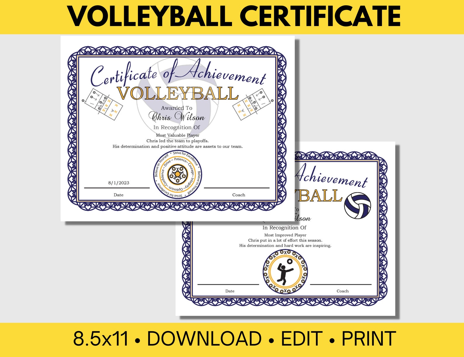 Volleyball Certificate Template for Volleyball Awards, Editable ...