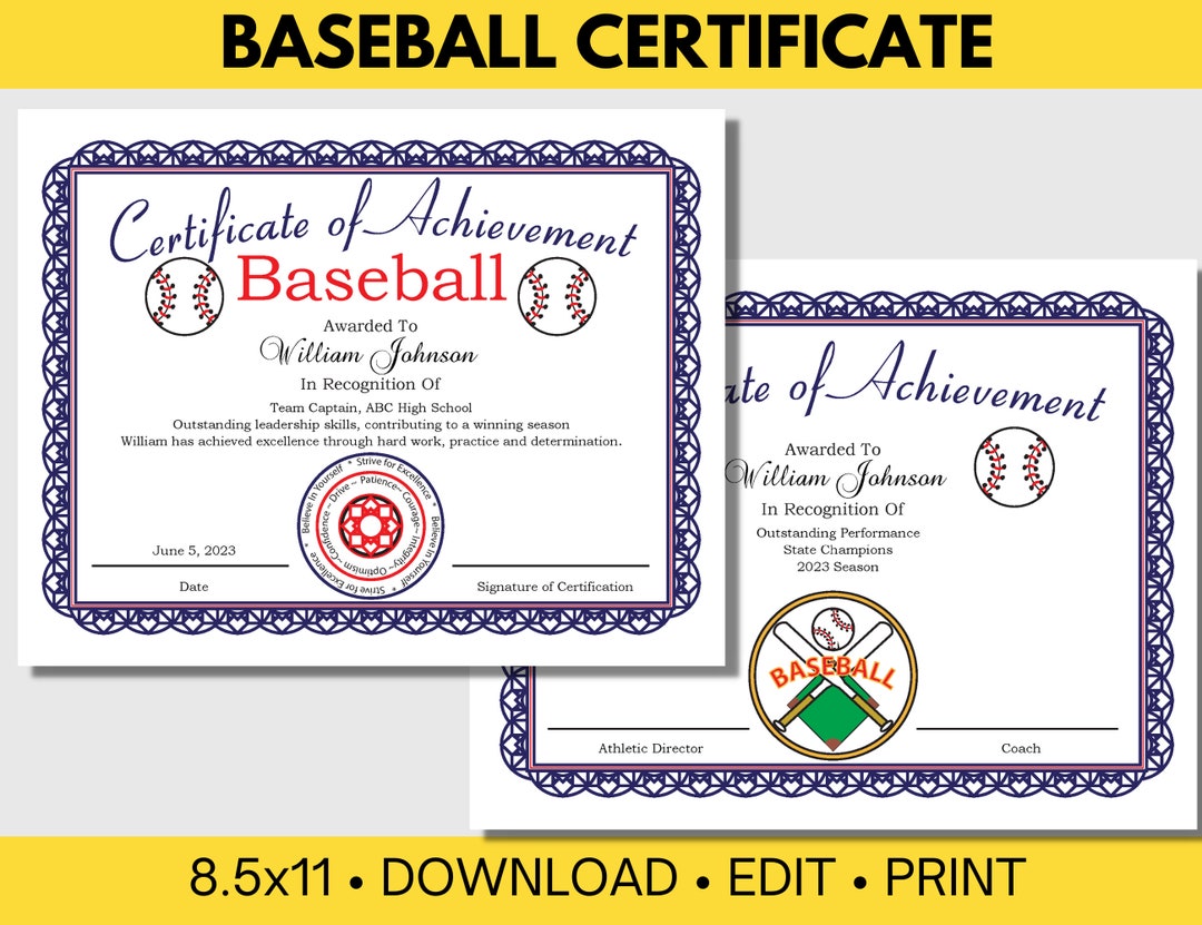 Baseball Certificate Template for Baseball Awards Editable - Etsy