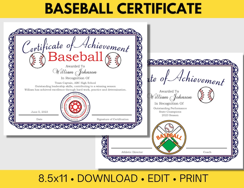 Baseball Certificate Template for Baseball Awards Editable - Etsy