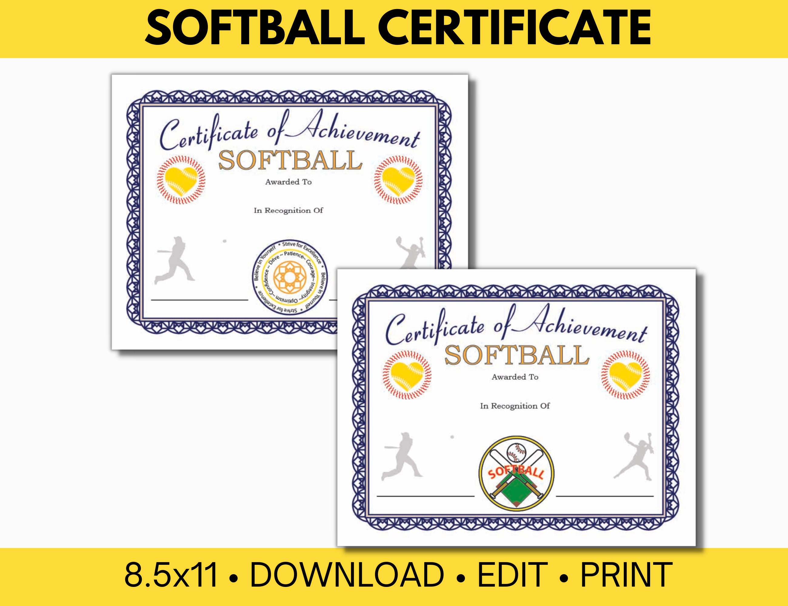 Softball Certificate Template for Softball Awards, Editable Softball ...