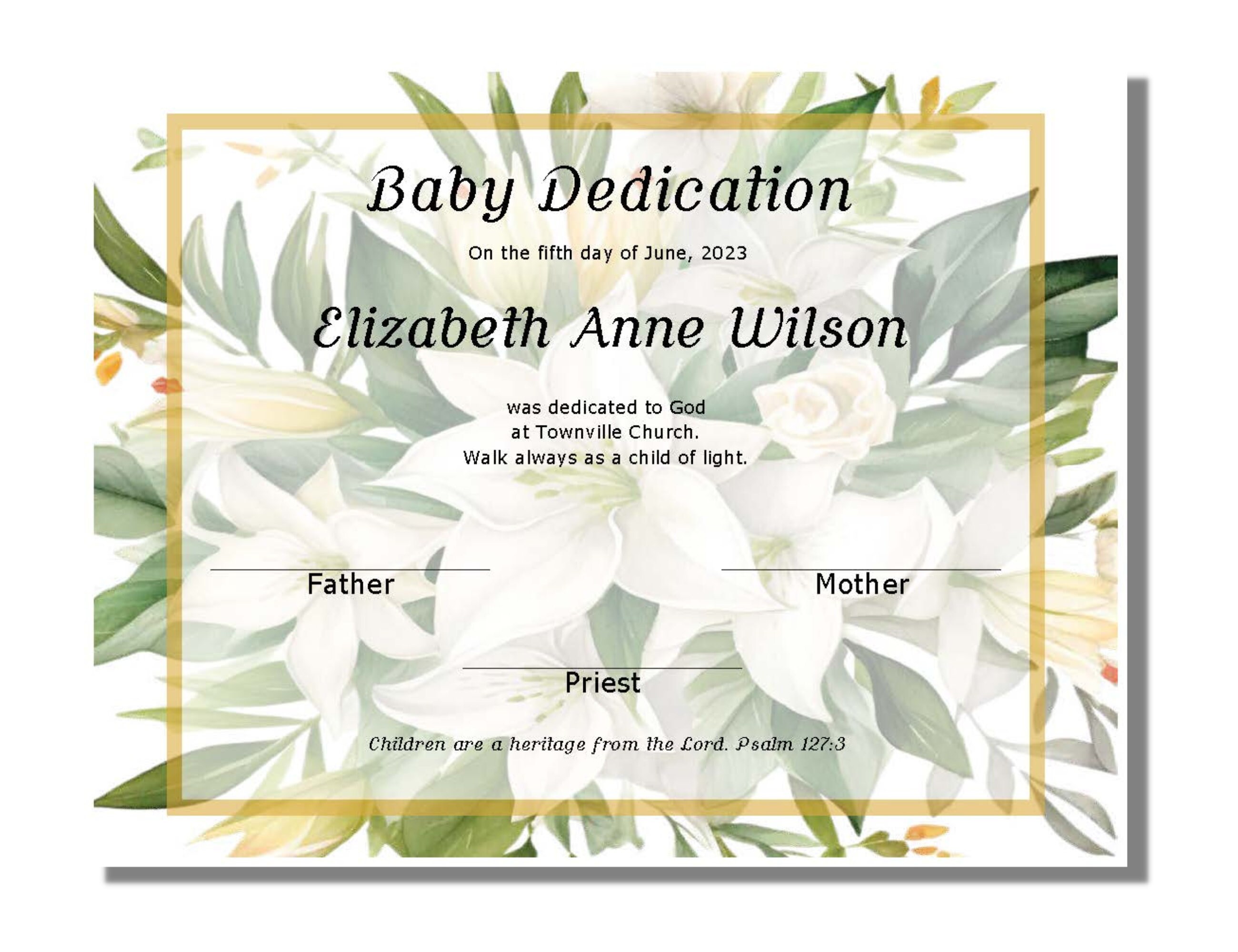 Baby Dedication Certificate Template, Editable Baby Dedication Template ...