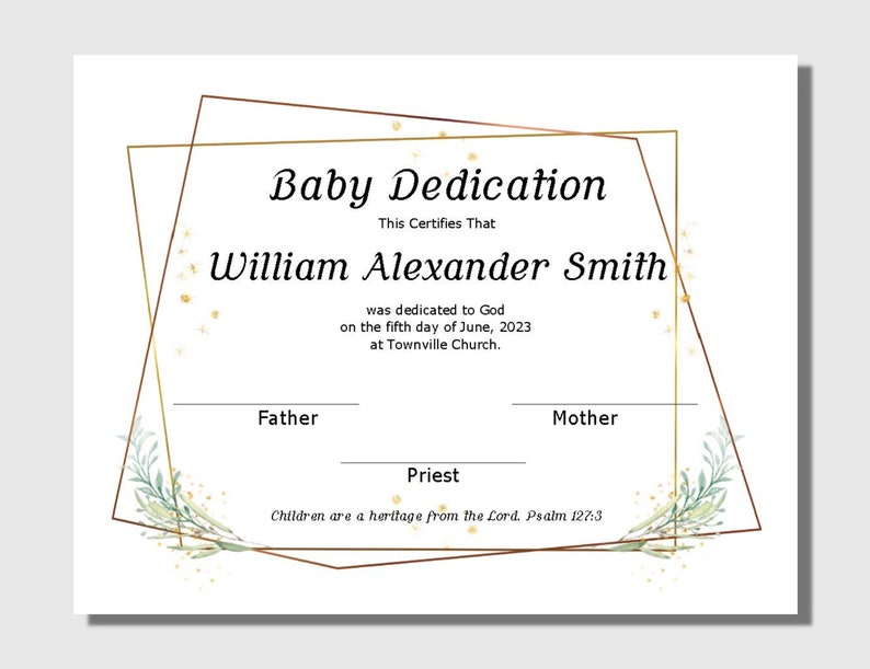 Dedication Certificate Template for Baby's Dedication to God, Download ...