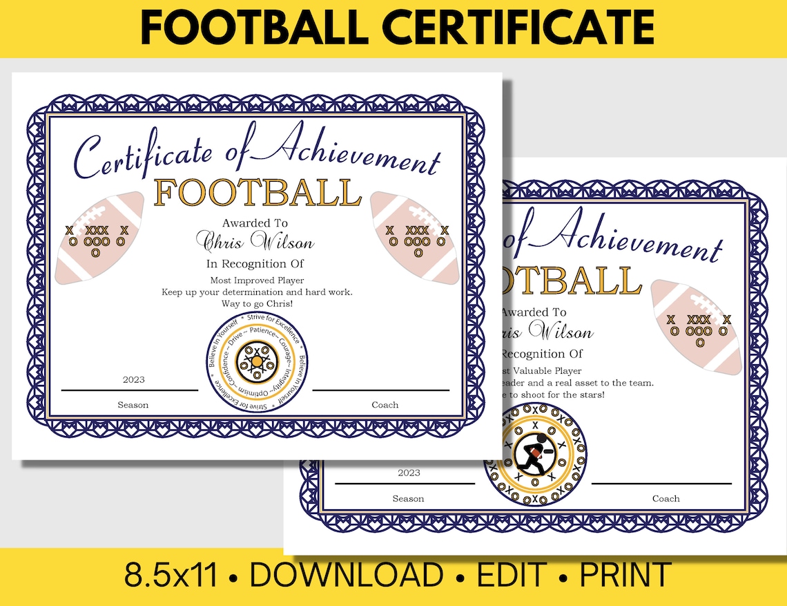 Football Certificate Template for Football Awards, Editable Football ...
