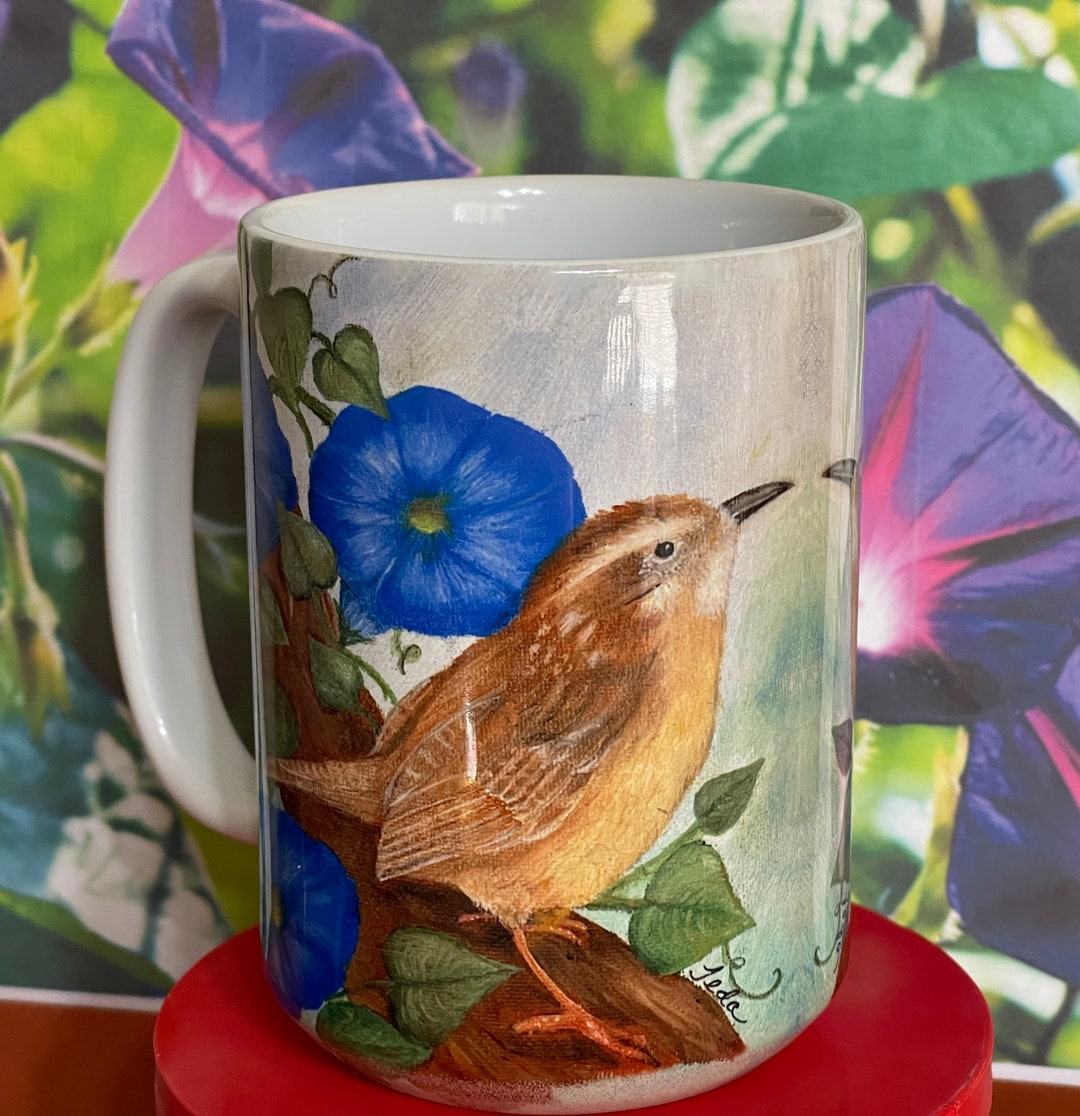 15 Oz Mug With a Wren and Morning Glories - Etsy