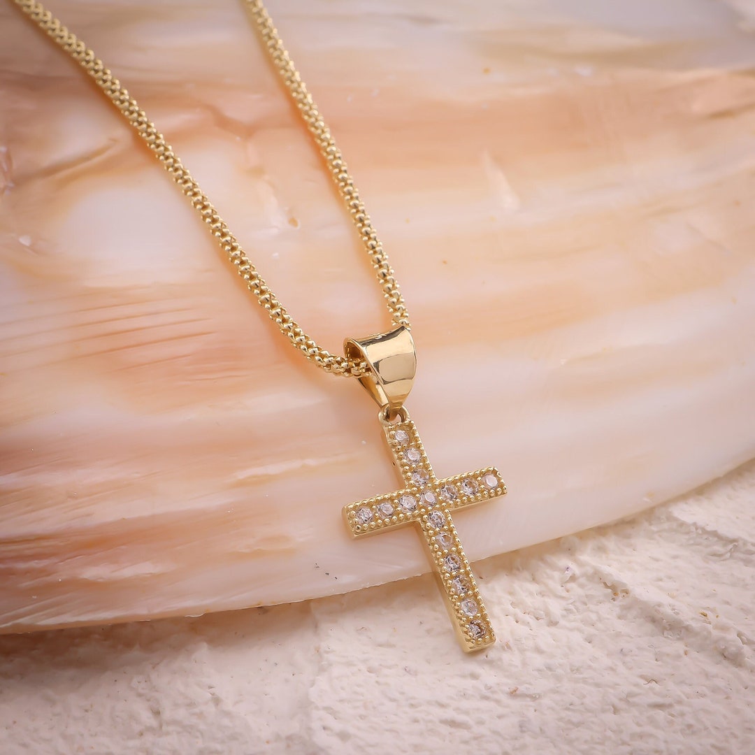 Women's Gold Cross Necklace, 14k Real Gold CZ Minimalist Christian Cross Necklace, Different ...