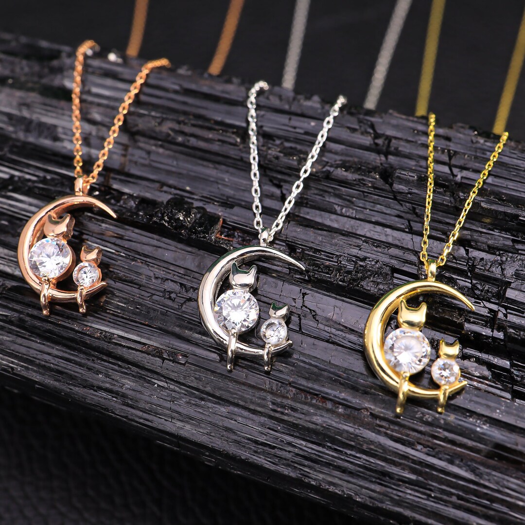 Silver Cat Necklace, Sterling Silver Moon Cat Necklace, Moon Mother Cat ...