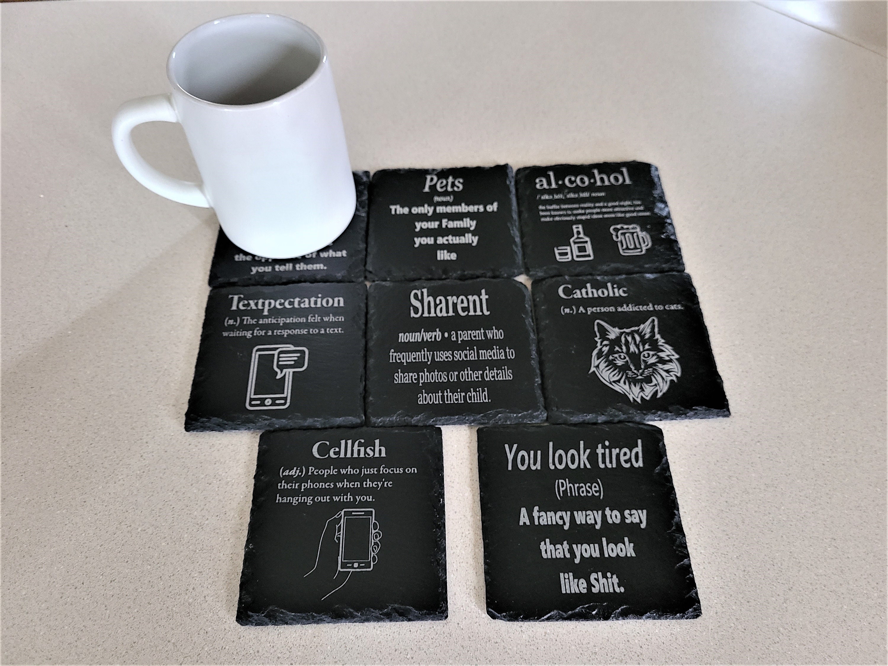 Funny Sayings and Definitions Square Slate Coaster Sets Laser Engraved ...
