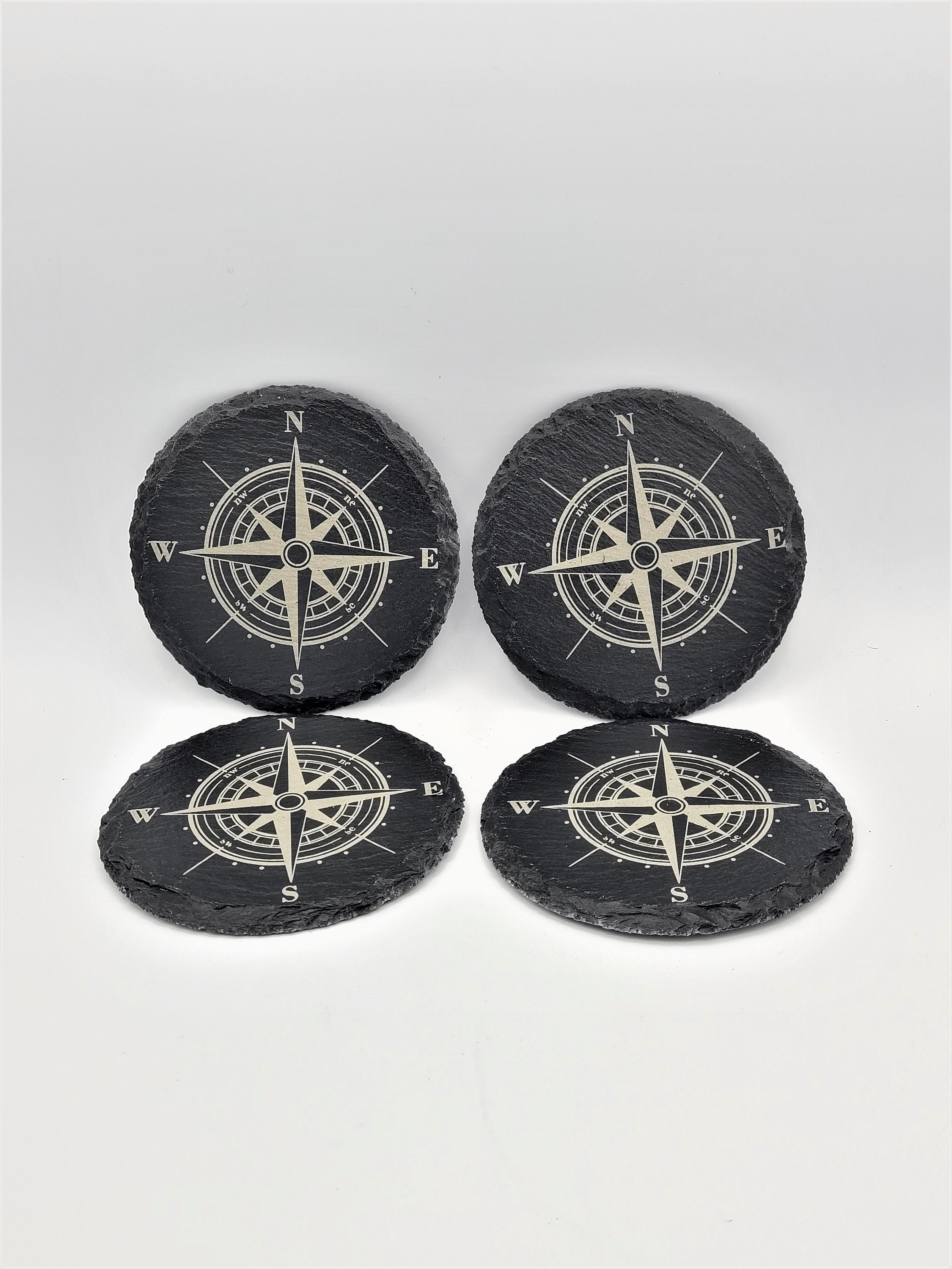 Compass Rose Round Slate Coaster Set Laser Engraved Stone Casino Decor ...