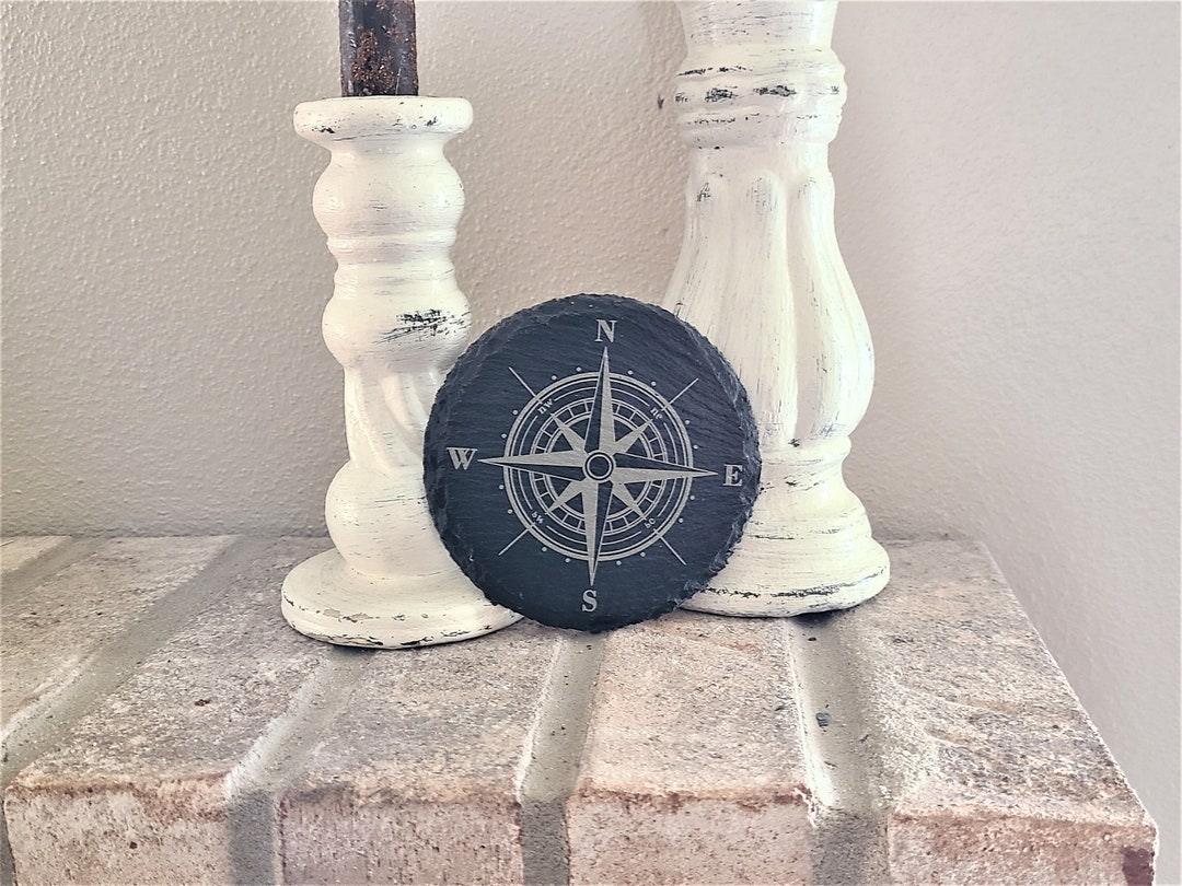 Compass Rose Round Slate Coaster Set | Laser Engraved Stone | Casino ...