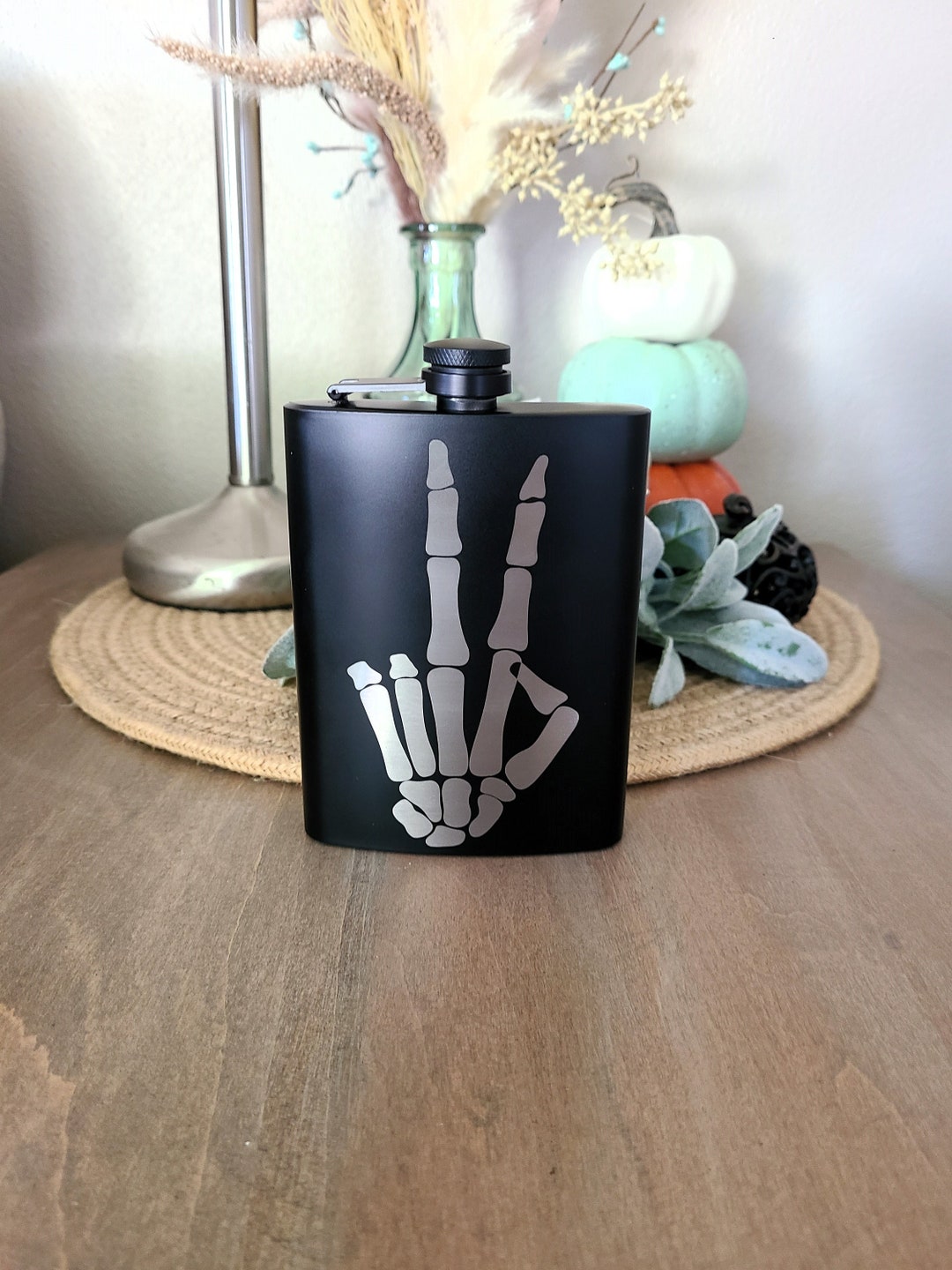 8 Oz Stainless Steel Funny Hip Flask | Engraved Skeletal Peace Design ...