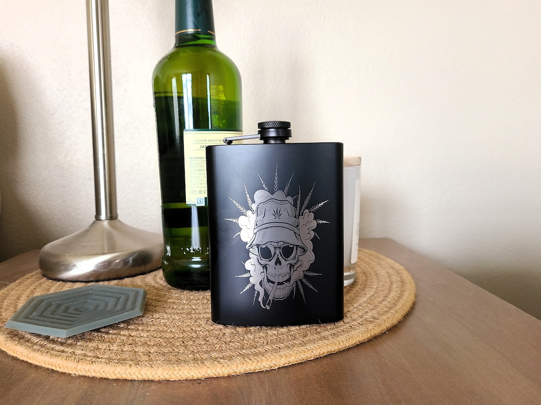 Skull Smoking Cannabis 8 Oz Hip Flask, With Funnel, Whiskey Drinker ...