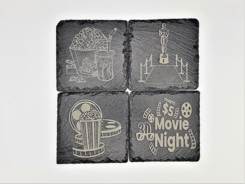 Family Movie Night Inspired Square Slate Coaster Sets Laser Engraved ...