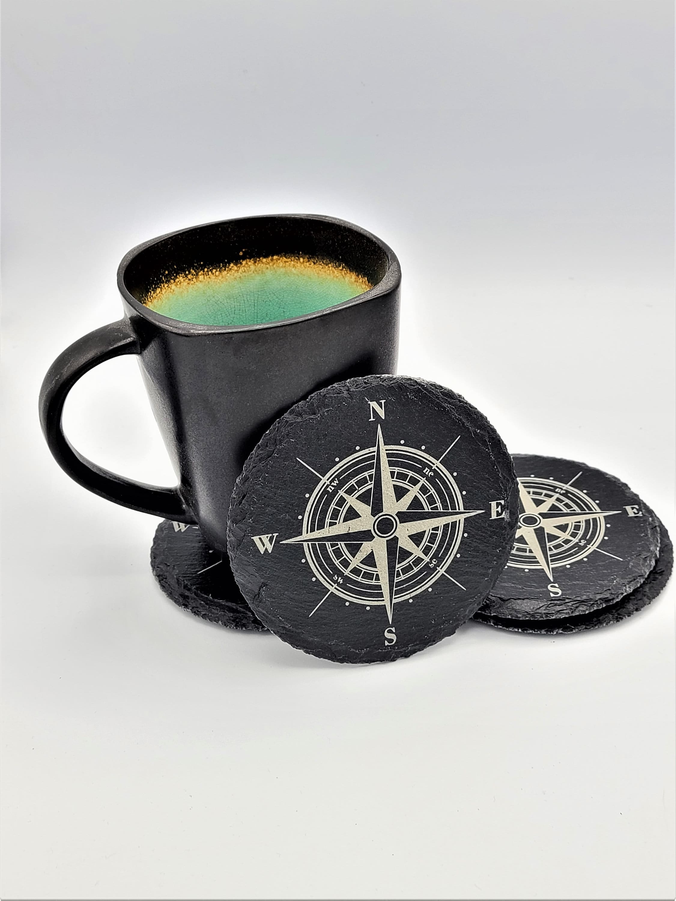 Compass Rose Round Slate Coaster Set Laser Engraved Stone Casino Decor ...