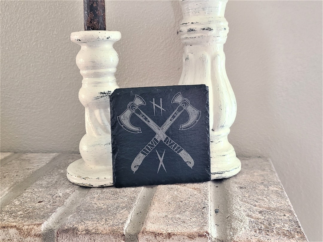 Viking Axe and Symbols Square Slate Table Coasters | Set of 4 | Laser ...