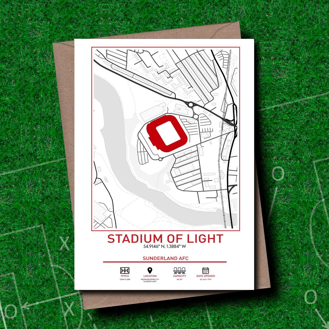 Sunderland Map Card - Stadium of Light Map Birthday Card - Sunderland ...