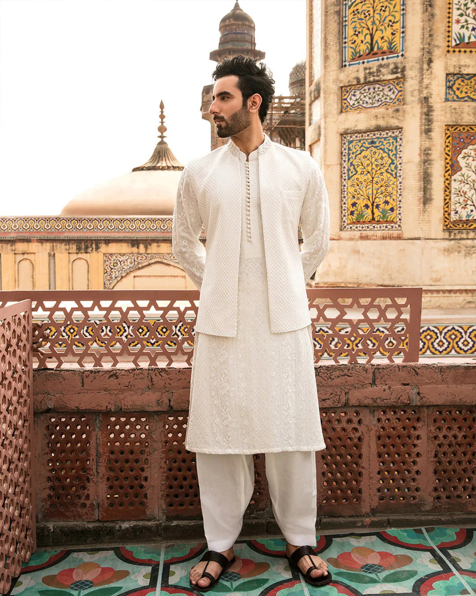 Mens Embroidered Korean Raw Silk Kurta Salvar Set With Waistcoat Set ...