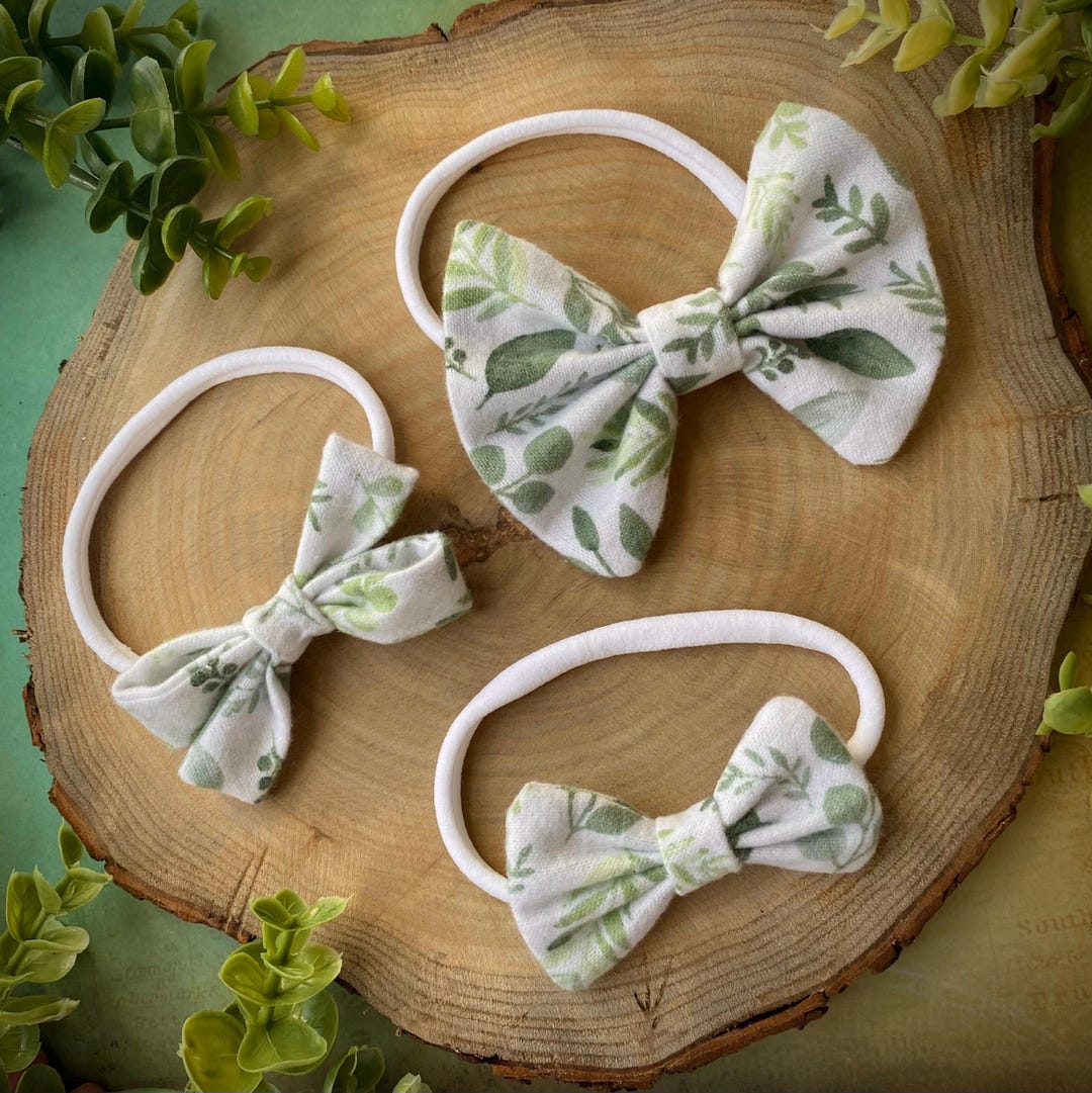 Eucalyptus Baby Bow, White Nylon Infant Headband, Soft Flannel Cotton ...
