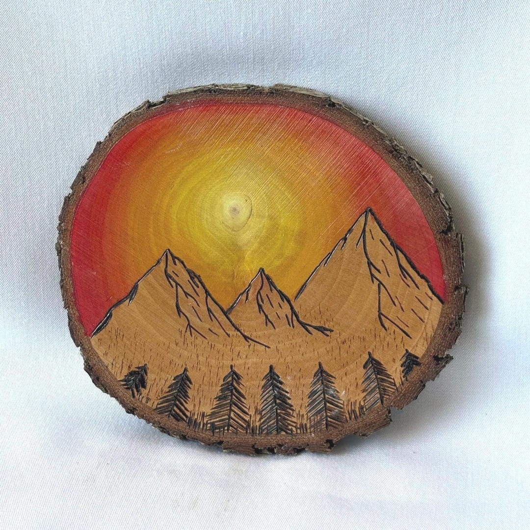 Hand Painted Mountain Wood Slice, Rustic Landscape Art, Cabin Decor ...