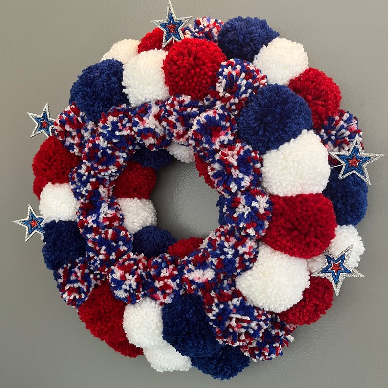 Patriotic 4th of July, Memorial Day, Pom Pom Wreath - Red, White, Blue ...