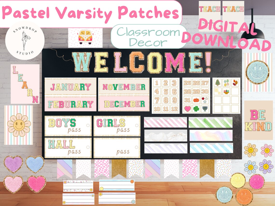 Pastel Varsity Patches Classroom Decor Bundle (stoney Clover Lane ...