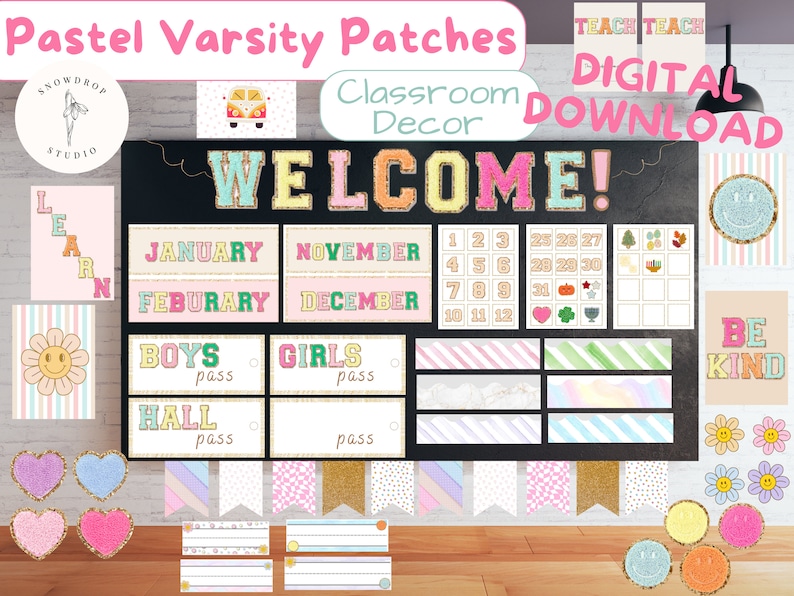 Pastel Varsity Patches Classroom Decor Bundle (stoney Clover Lane ...