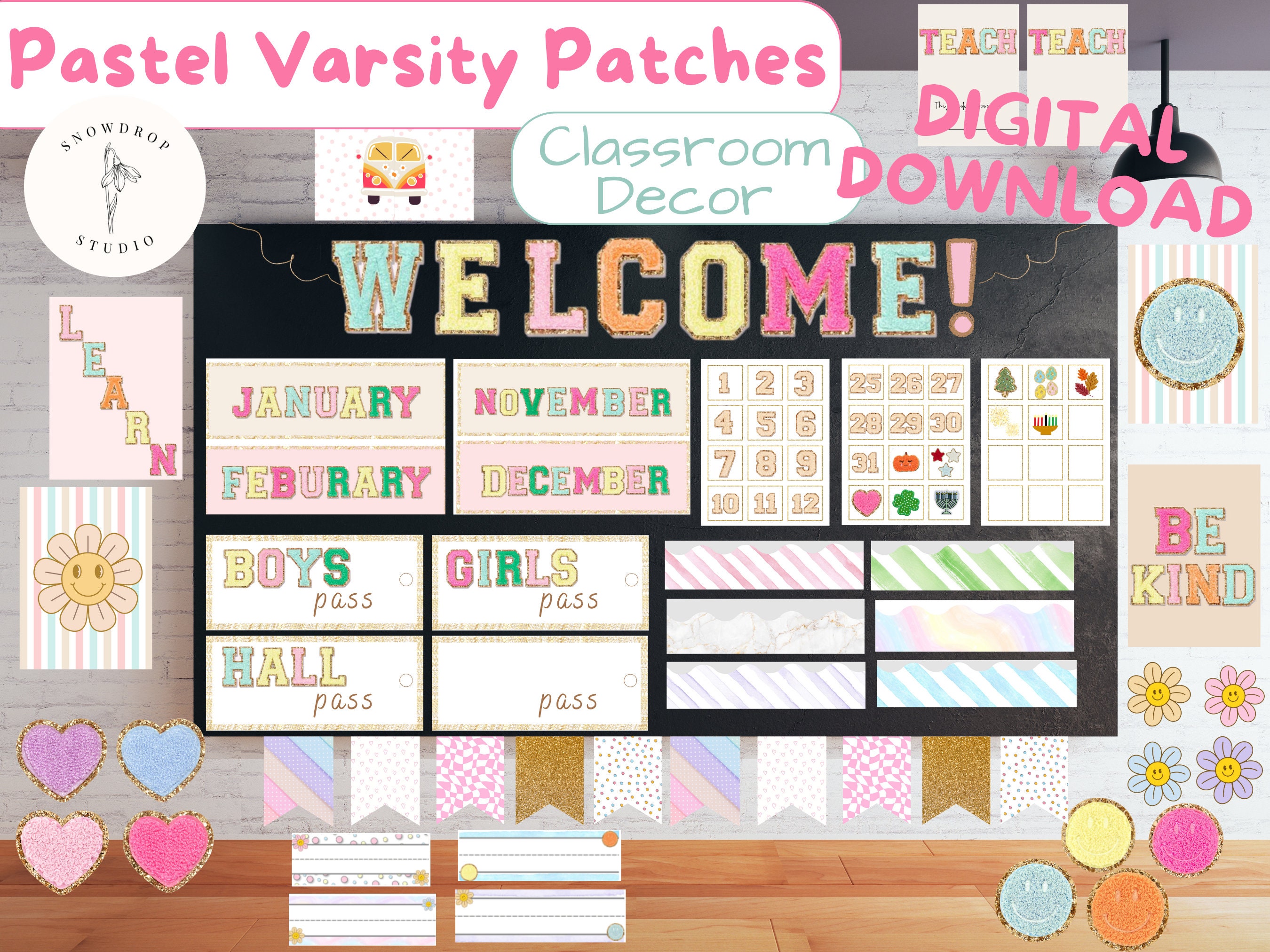 Pastel Varsity Patches Classroom Decor Bundle (stoney Clover Lane ...