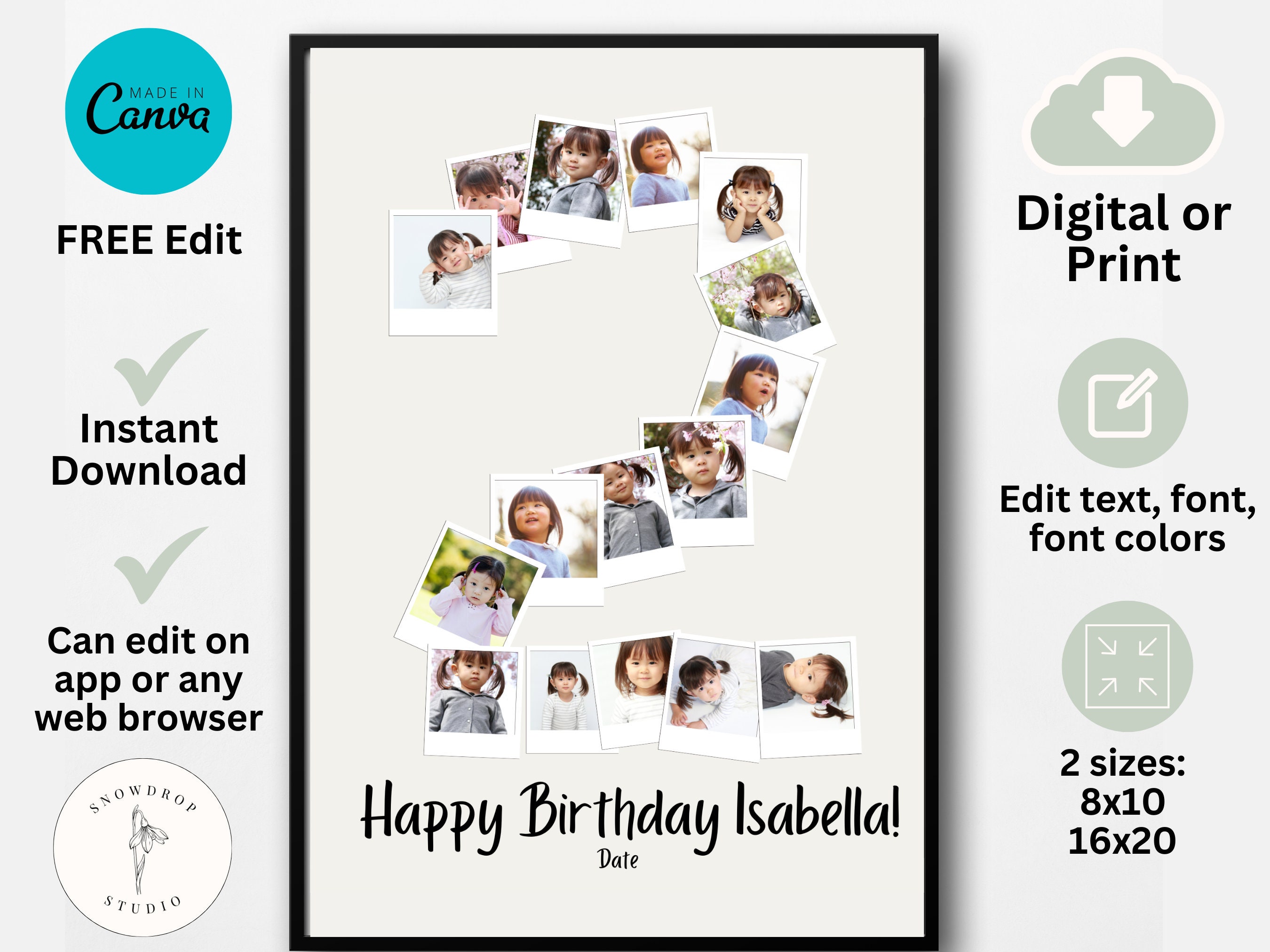 Number Photo Collage| Editable Polaroid Photo Collage Template, Second ...