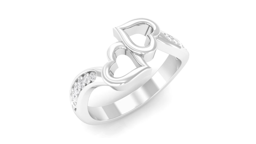 White Zircon Ring, Interlocking Heart Ring, Beautiful Silver Heart Ring ...