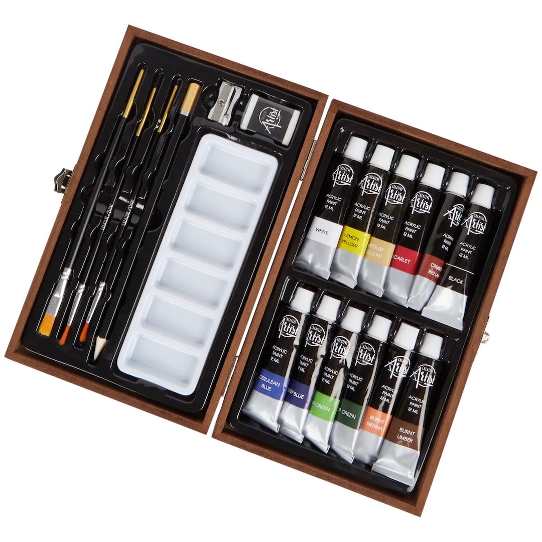Compact Acrylic Paint Set: Wooden Box Travel Art Kit, US Edition ...
