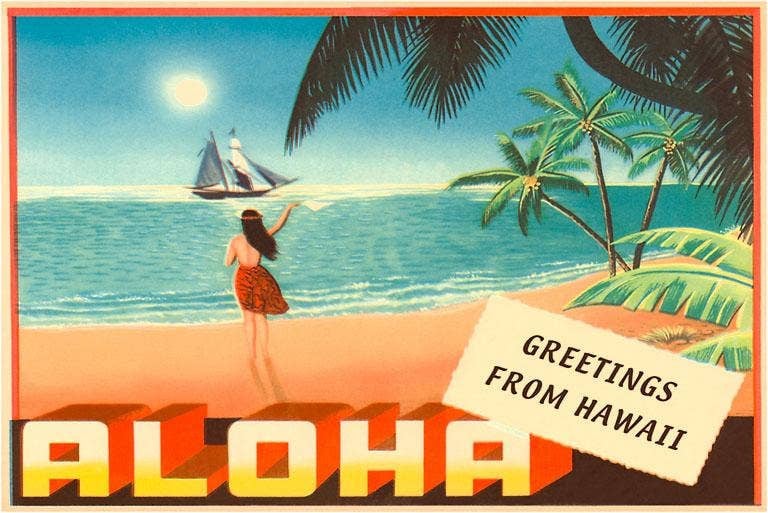 Aloha, Greetings From Hawaii, Hula Girl on Beach Vintage Reprinted ...