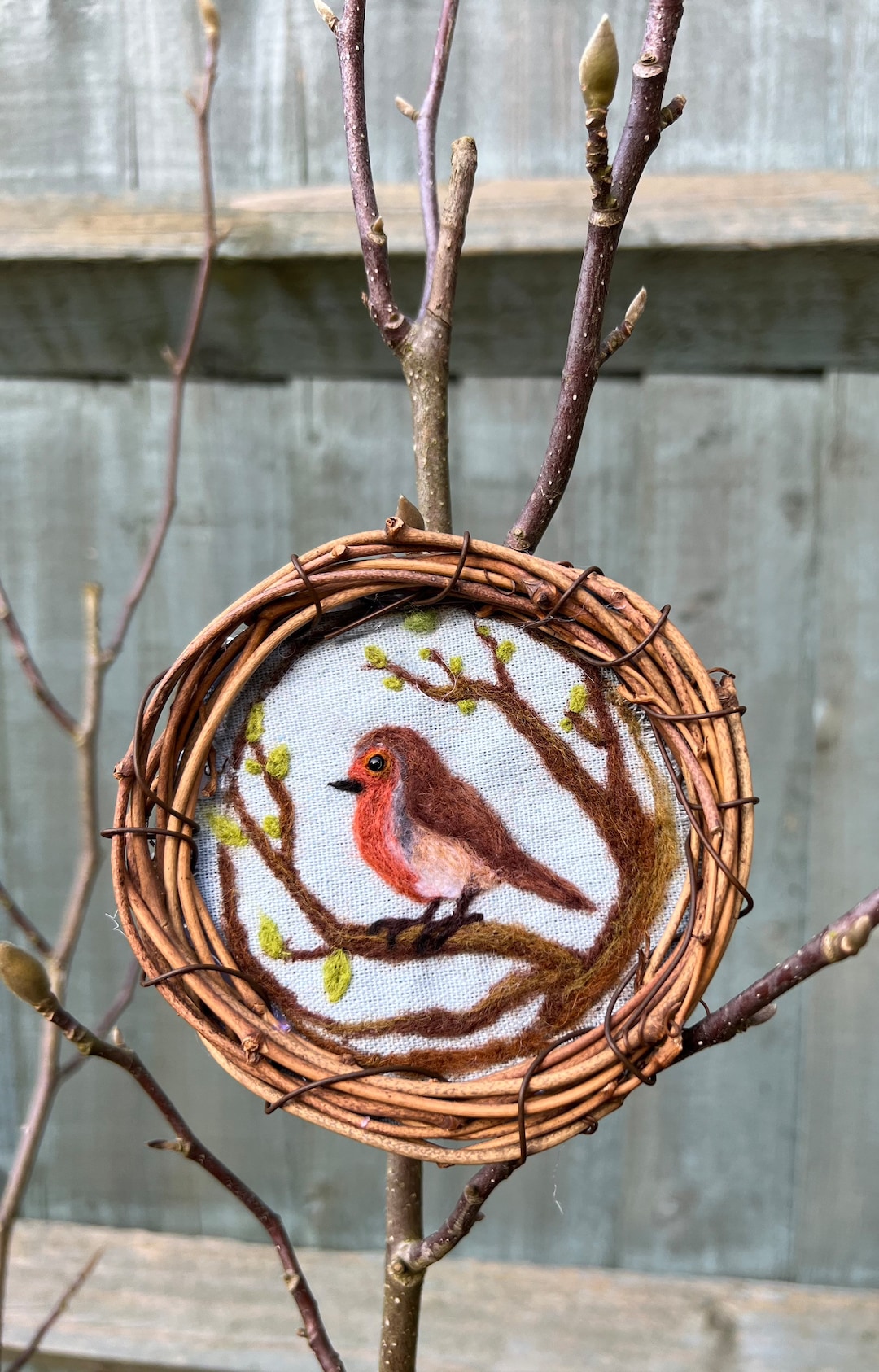 2D Needle Felt Robin; Picture Created With Wool on Linen Fabric Set a ...