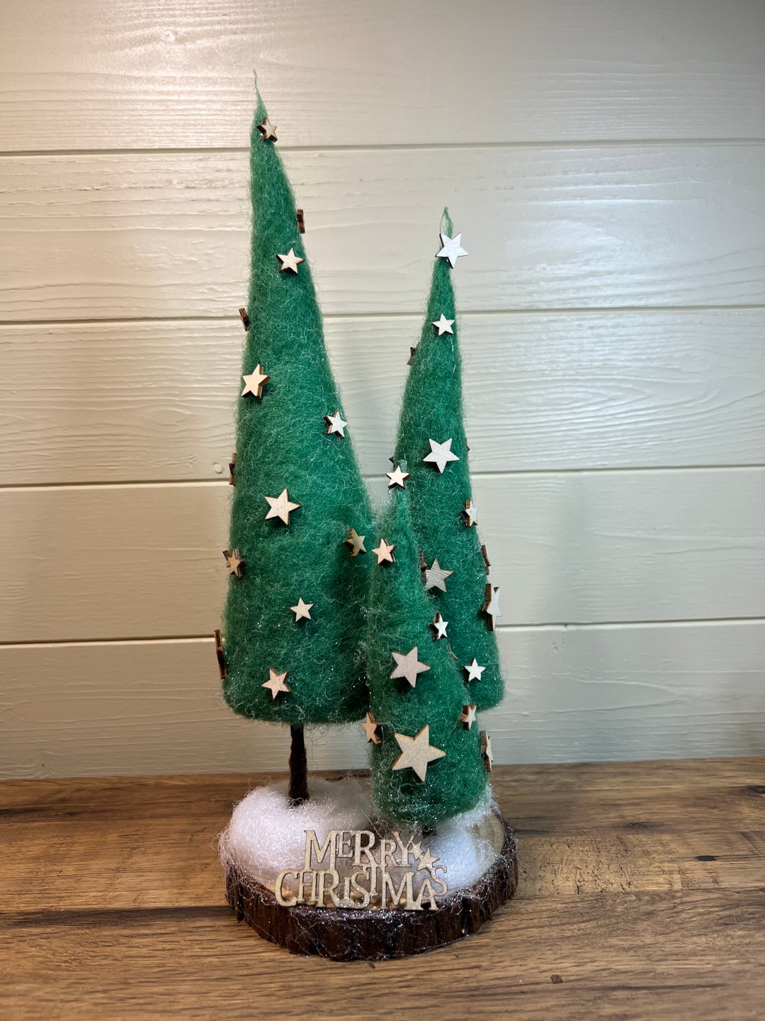 Trio of Needle Felted Christmas Tree Decorations With Natural Wooden ...