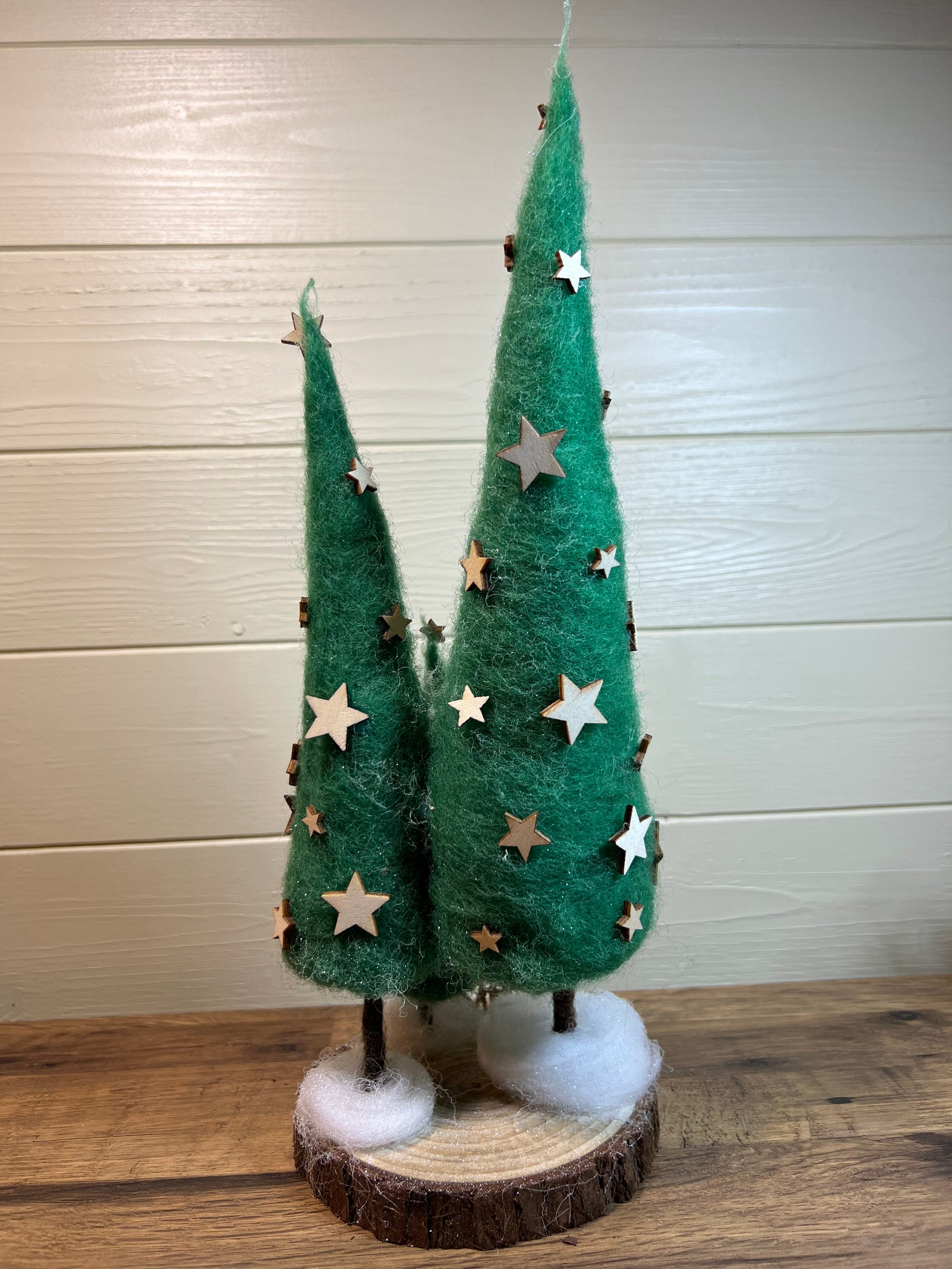 Trio of Needle Felted Christmas Tree Decorations With Natural Wooden ...