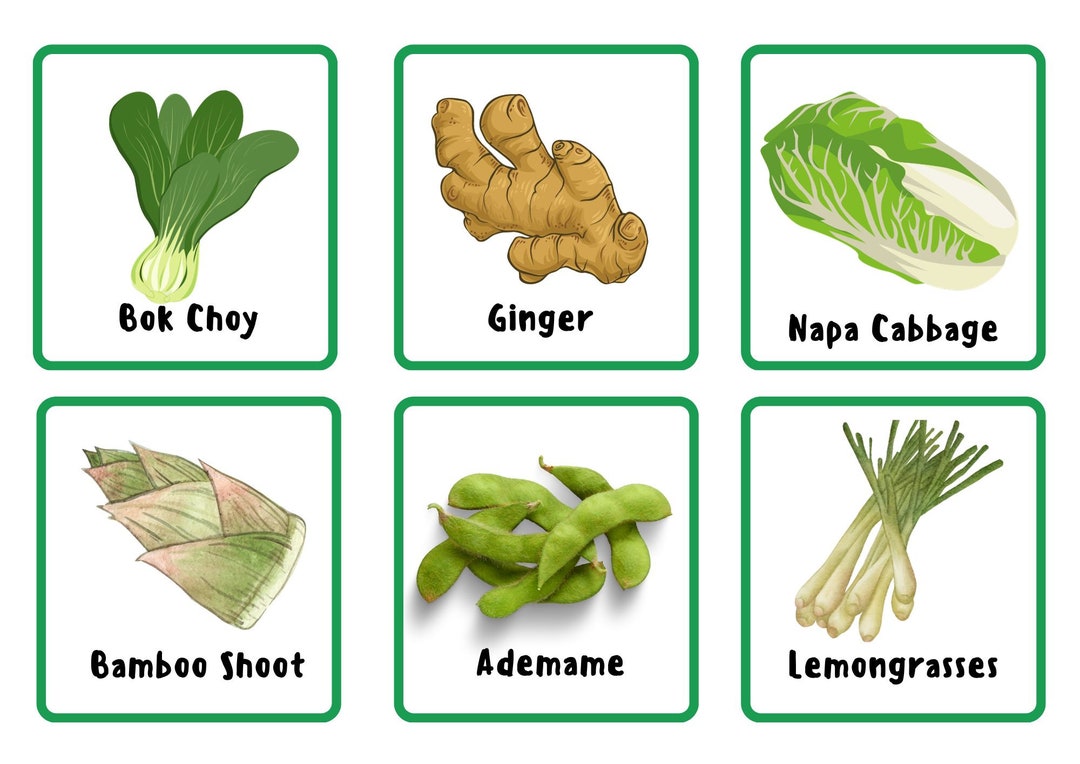 Printable Asian Vegetable Flash Cards. Shiitake Mushroom,lotus Root ...